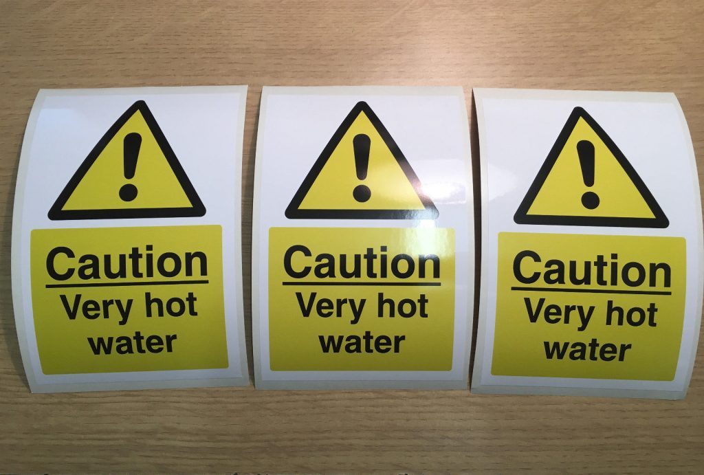 3 x CAUTION HOT WATER stickers 256 x 103mm rectangular safety signs ...
