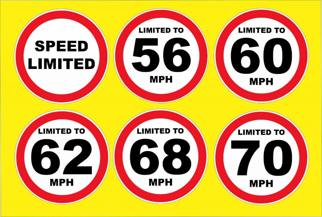 2 x Speed Limited To 56 60 62 68 70 MPH speed restriction stickers 80mm ...